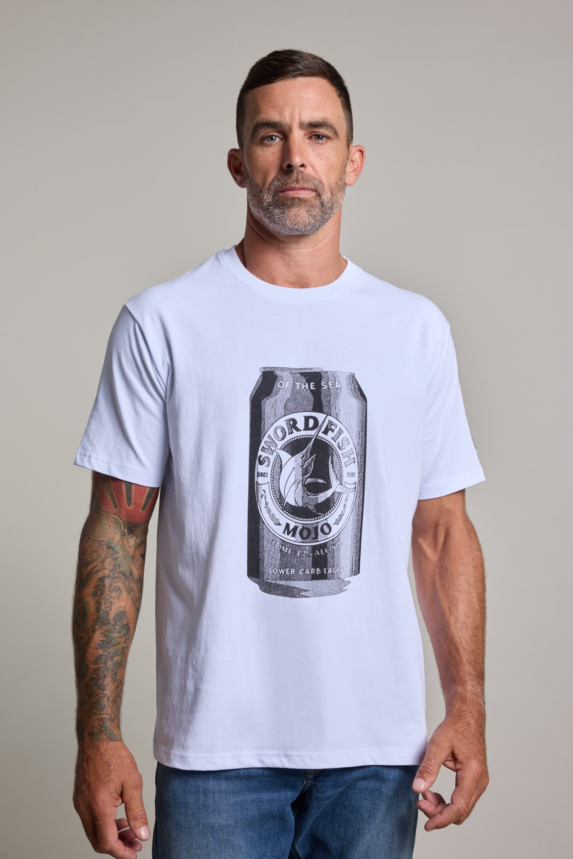 Shop Swordfish Mojo Beercan Tee (WHITE) | Swordfish Mojo – Barkers